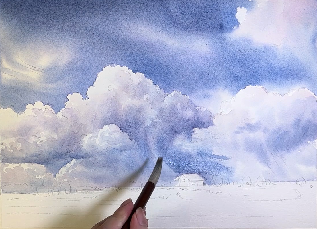Tutorial Watercolor Painting Landscape Clouds Over A Field Art For
